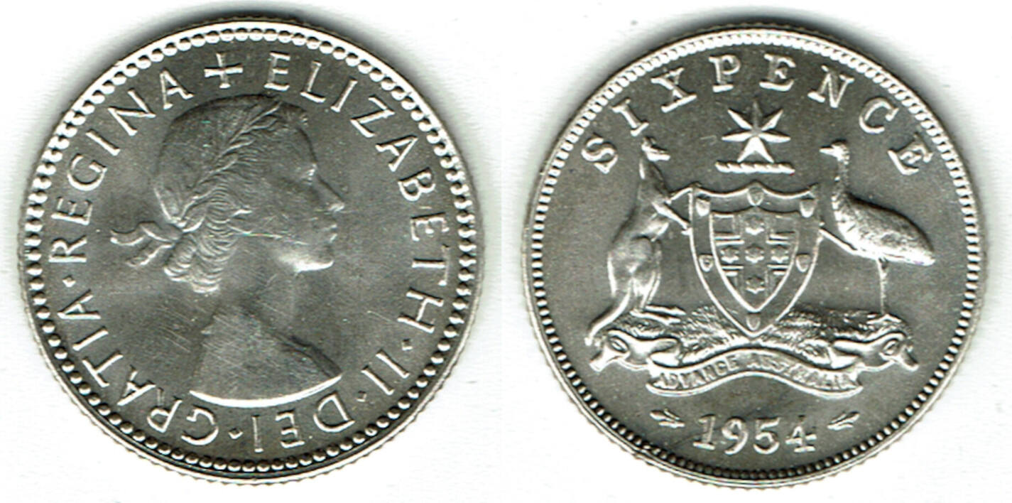 Australien 6 Pence (Sixpence) 1954 Australia, 6 Pence silver, elisabeth ...