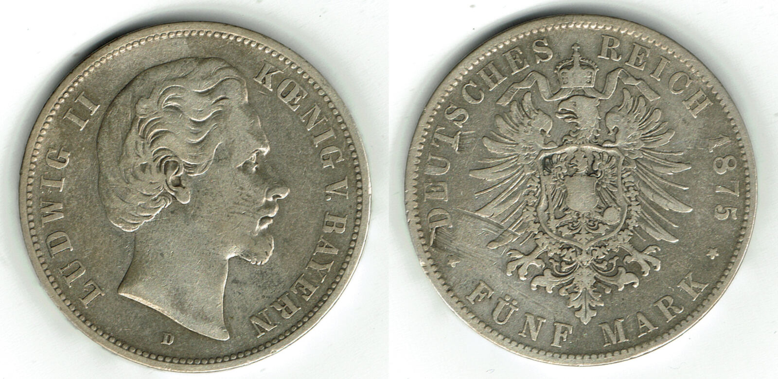 Kaiserreich - Bayern Deutsches Kaiserreich, Bayern, König Ludwig II., 5 Mark 1875 D, Silber! VF ...