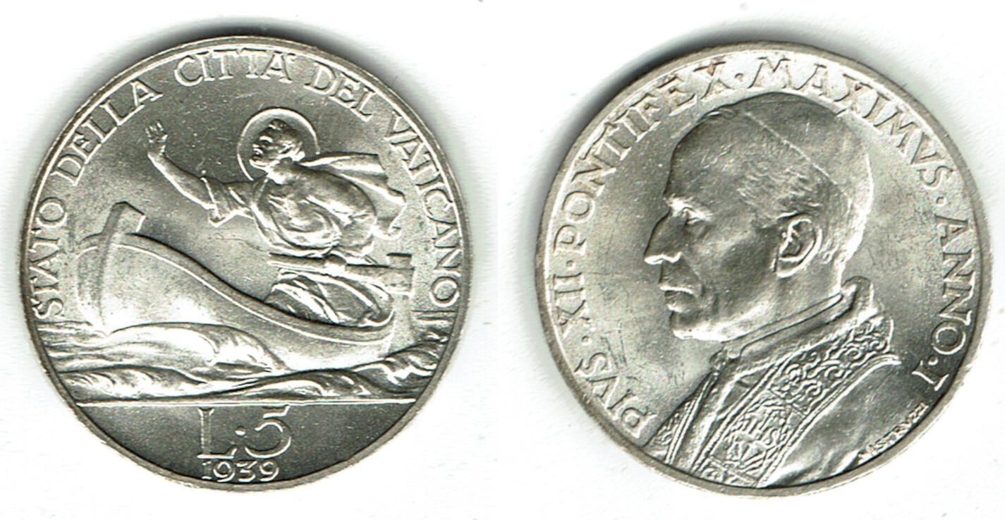 1939 Vatikan, Pius XII., 1939-1958 5 Lire 1939, Erhaltung siehe Scan! EF | MA-Shops