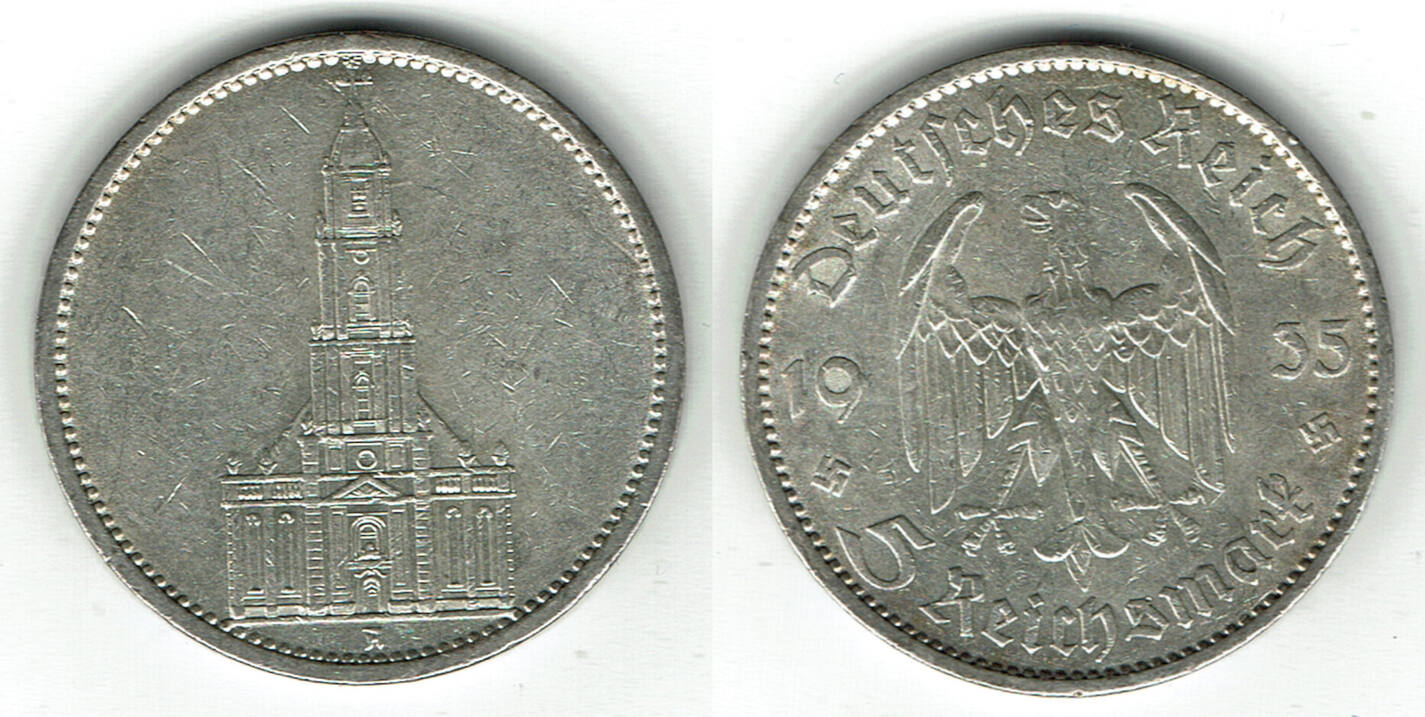 1935 A Drittes Reich, 5 Reichsmark Garnisonskirche ohne Datum, 13,89 g ...