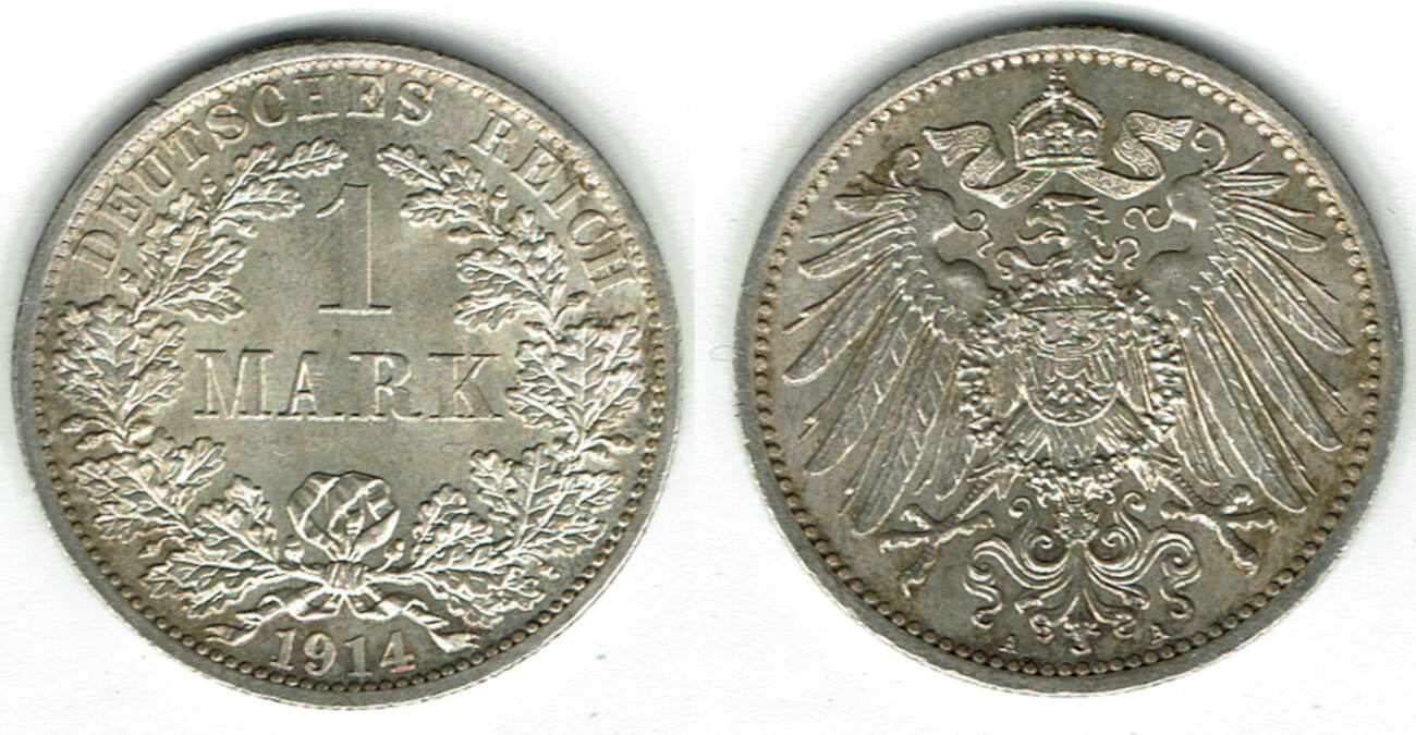 Kaiserreich, Kursmünze 1 Mark 1914 A, 900er Silber! UNC- | MA-Shops