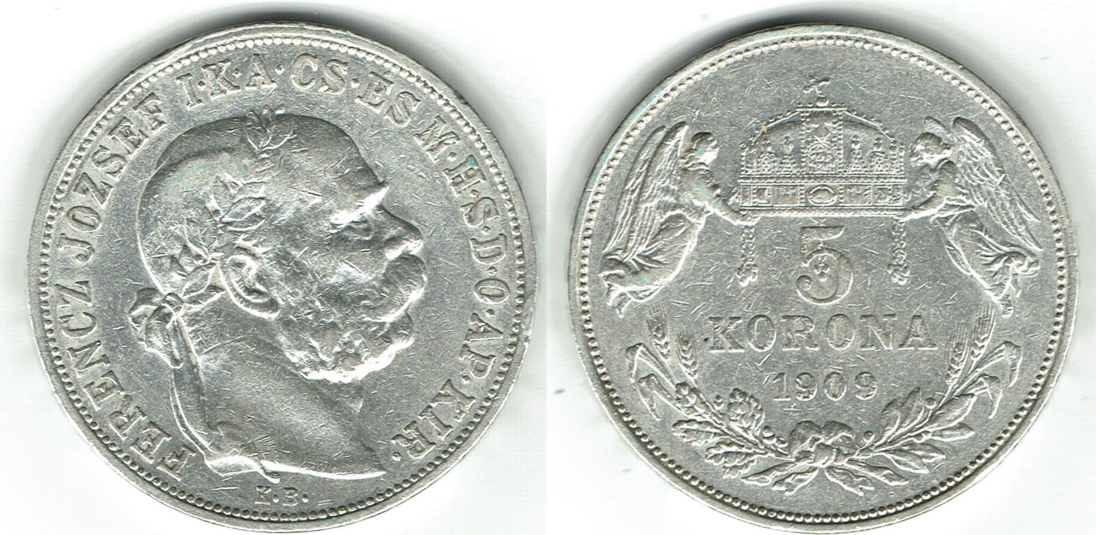 Haus Habsburg - Ungarn 5 Korona (5 Kronen) 1909 Hungary, 5 Korona 1908 silver, Franz Joseph VF ...