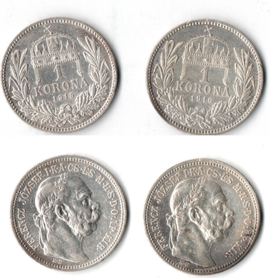 Ungarn 2 x 1 Corona (Korona) Hungary, 1 Corona 1915 + 1916, 2 coins, silver, Franz Joseph! EF ...