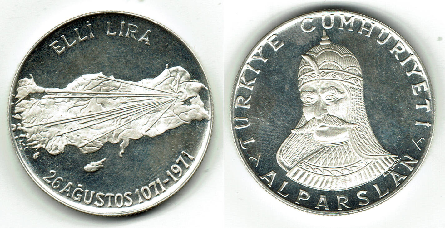 Türkei 50 Lira turkey, silver coin battle of malagzit, 1971 AU | MA-Shops
