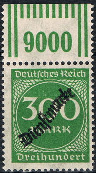 Deutsches Reich 300 Mark 1923 Mi.-Nr. D 79 WOR, 2 '9 '2, Dienstmarken ...