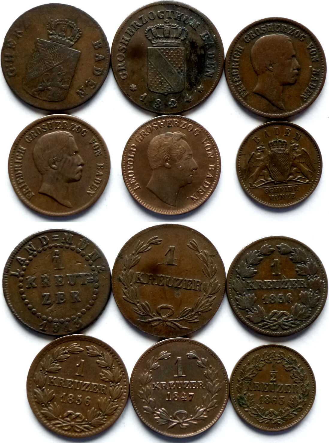 BADEN kreuzer 1813 - 1863 Lot of 6 coins F+ to XF | MA-Shops