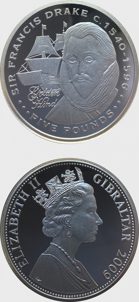 £5 Gibraltar- 2009- Silver Sir Francis Drake - Explorers UNC | MA-Shops