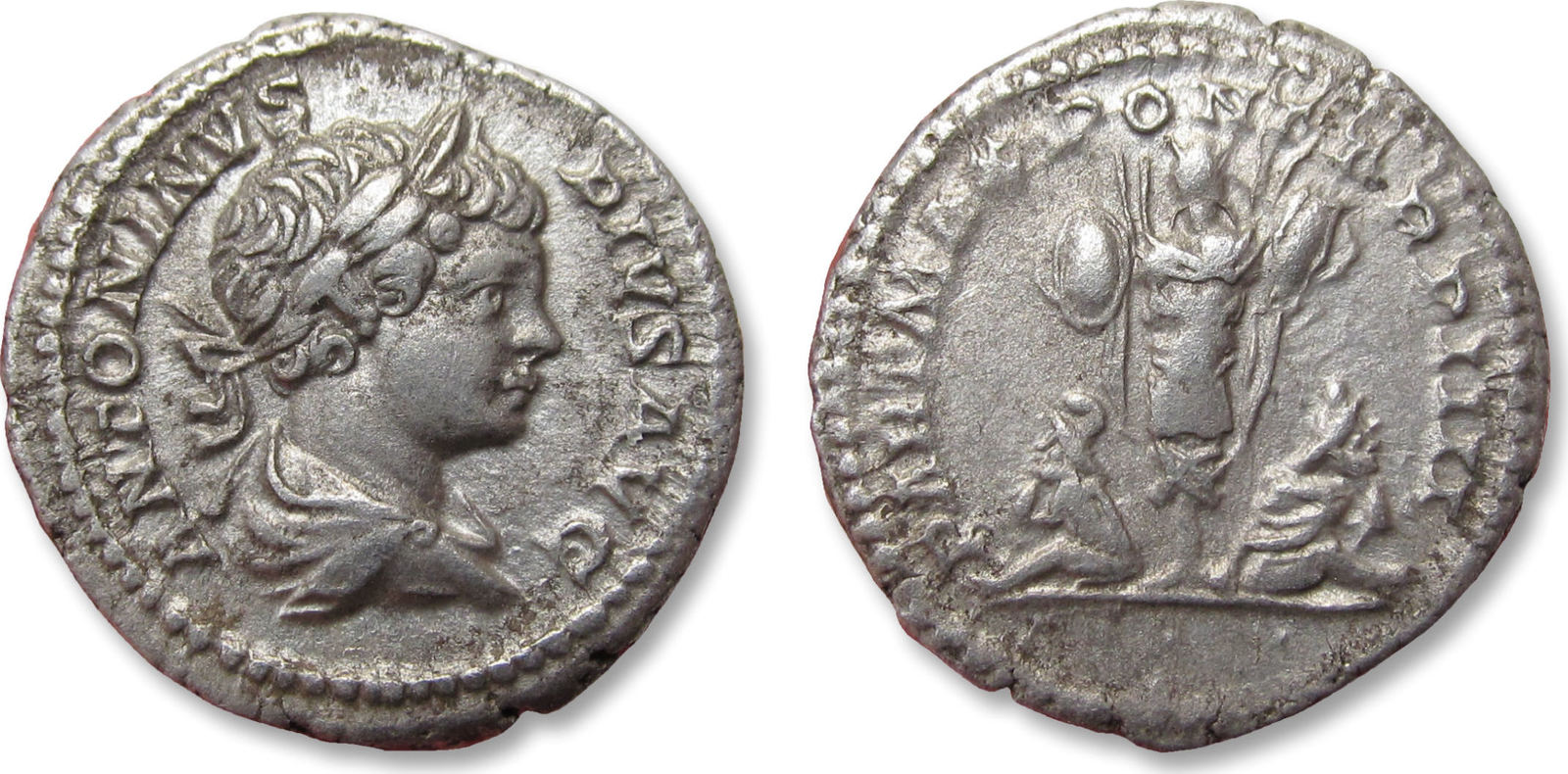 ROMAN EMPIRE AR denarius 201 A.D. Caracalla, Rome mint - Trophy with ...