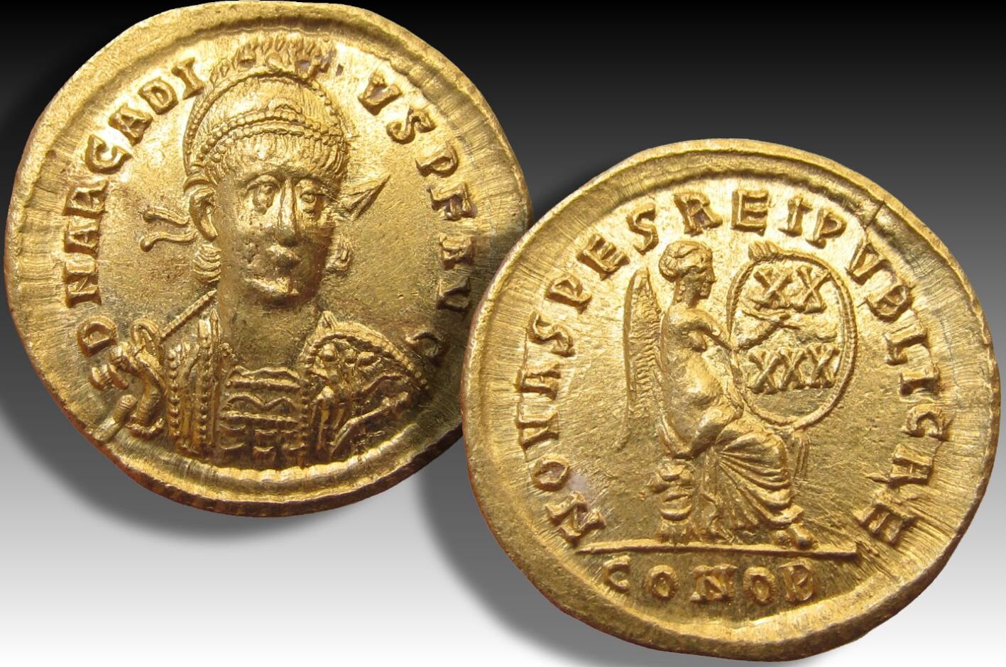 ROMAN EMPIRE AV gold solidus 402-403 A.D. Arcadius, Constantinople mint ...