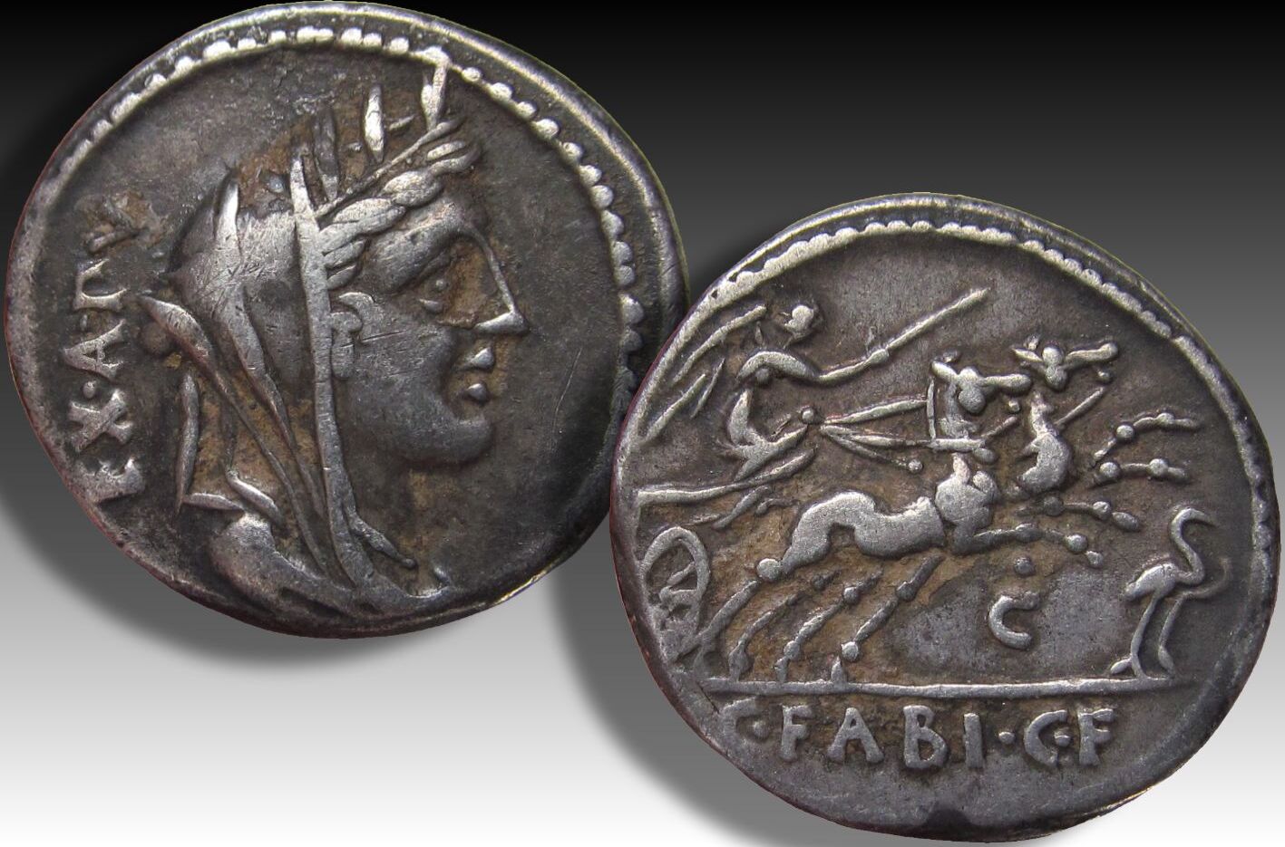 ROMAN REPUBLIC AR denarius 102 B.C. C. Fabius C. f. Hadrianus, Rome - variety with control ...