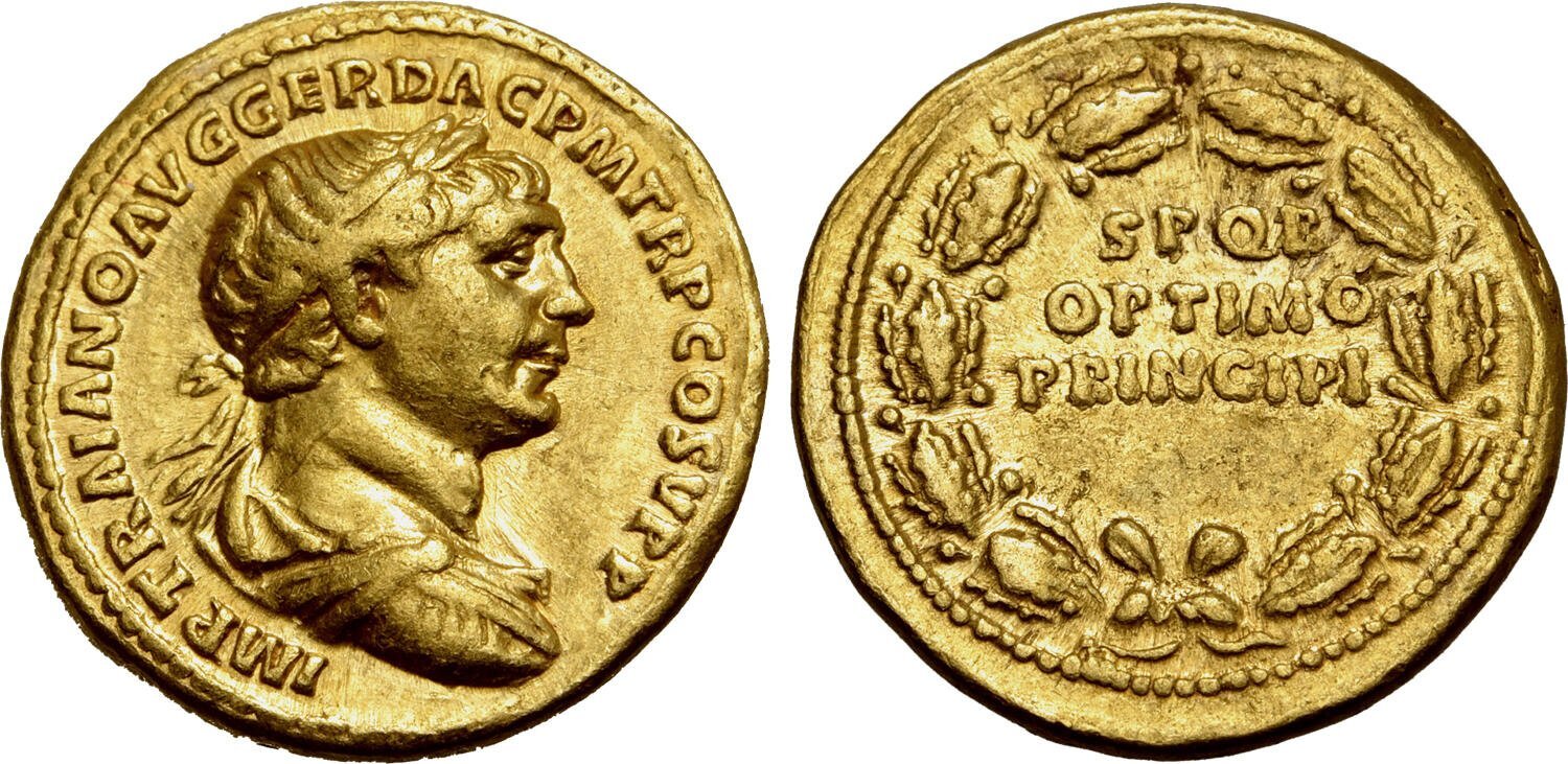 ROMAN EMPIRE AV gold aureus 107 A.D. Trajan / Trajanus, Rome mint - S P ...