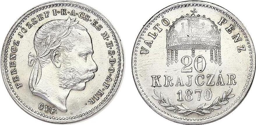 Österreich - Ungarn 20 Krajczar 1870 GyF Franz Joseph (1848 - 1916) EF | MA-Shops