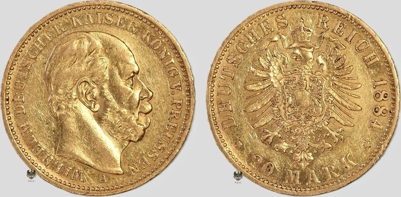 Kaiserreich Preussen 20 Mark 1884-A Emperor William I aEF | MA-Shops