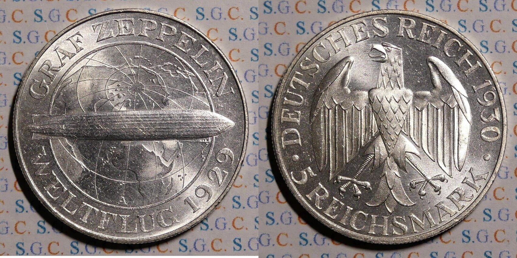 Weimar 5 Mark 1930-A Graf Zeppelin World Flight GEM BU, virtually ...