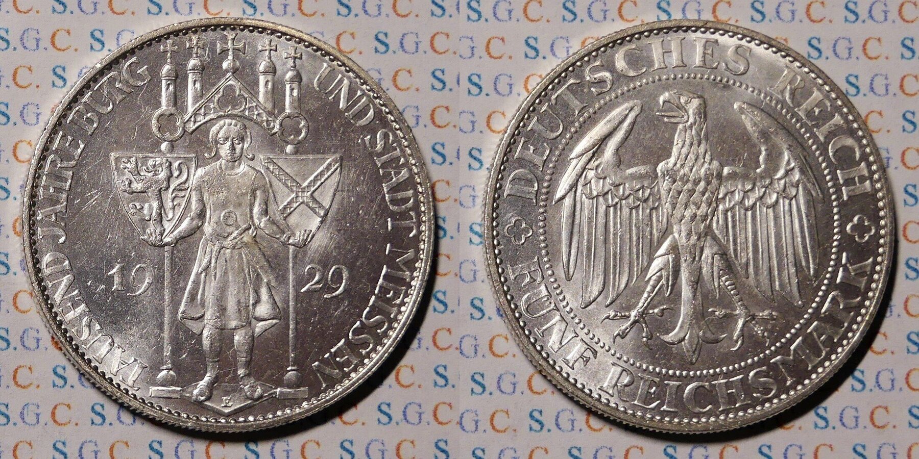 Weimar 5 Mark 1929-E Meissen Millenium Bright BU, bare minimum of ...