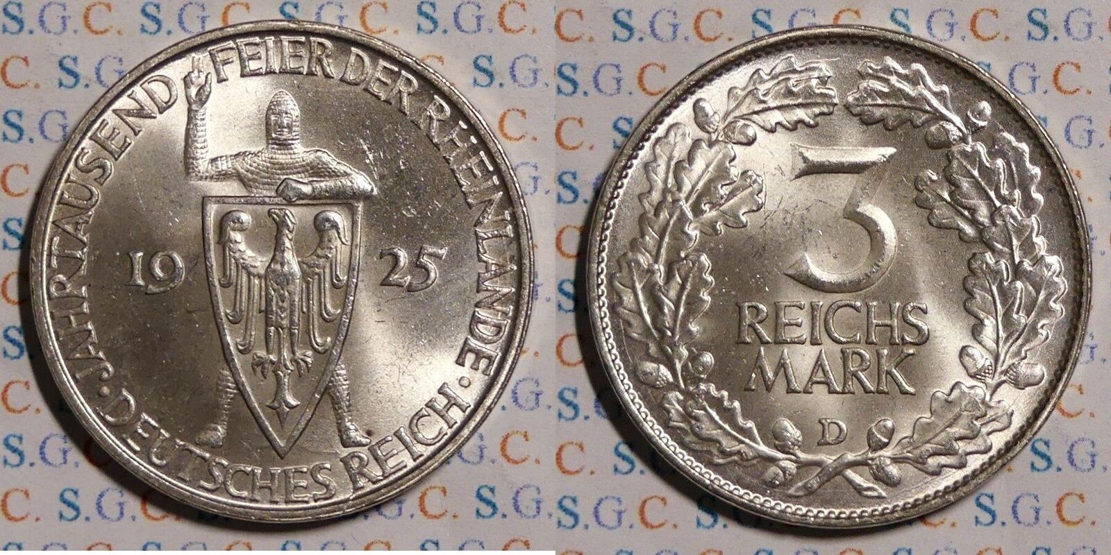 Weimar 3 Mark 1925-D Rheinland Millenium BU, usual minute scratches ...