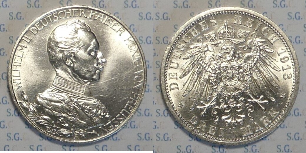 Kaiserreich, Preußen 3 RM 1913-A Emperor William II in uniform, Silver Jubilee BU fein ...