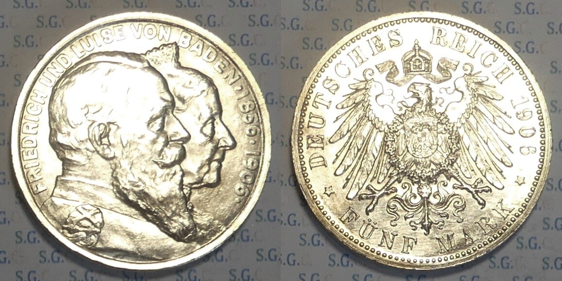 Kaiserreich, Baden 5 RM 1906-G Fredrick and Luise Golden Anniv. Choice ...
