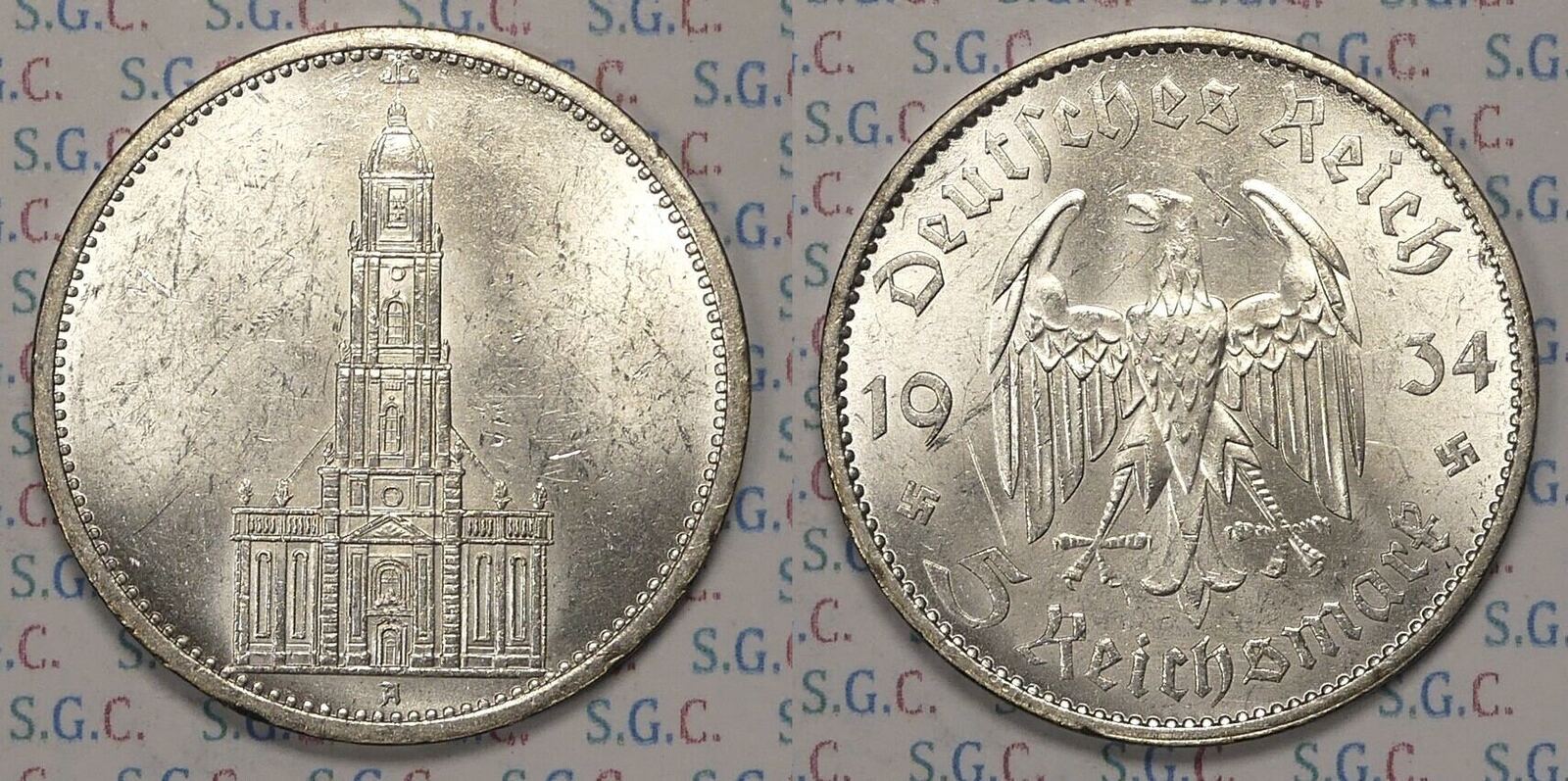 Drittes Reich 5 RM 1934-A Garrison Church no date Bright BU, little ...