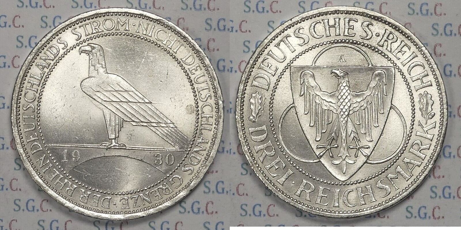 Weimar 3 RM 1930-A Liberation of the Rheinland BU, minor contact marks, typically uneven rim ...