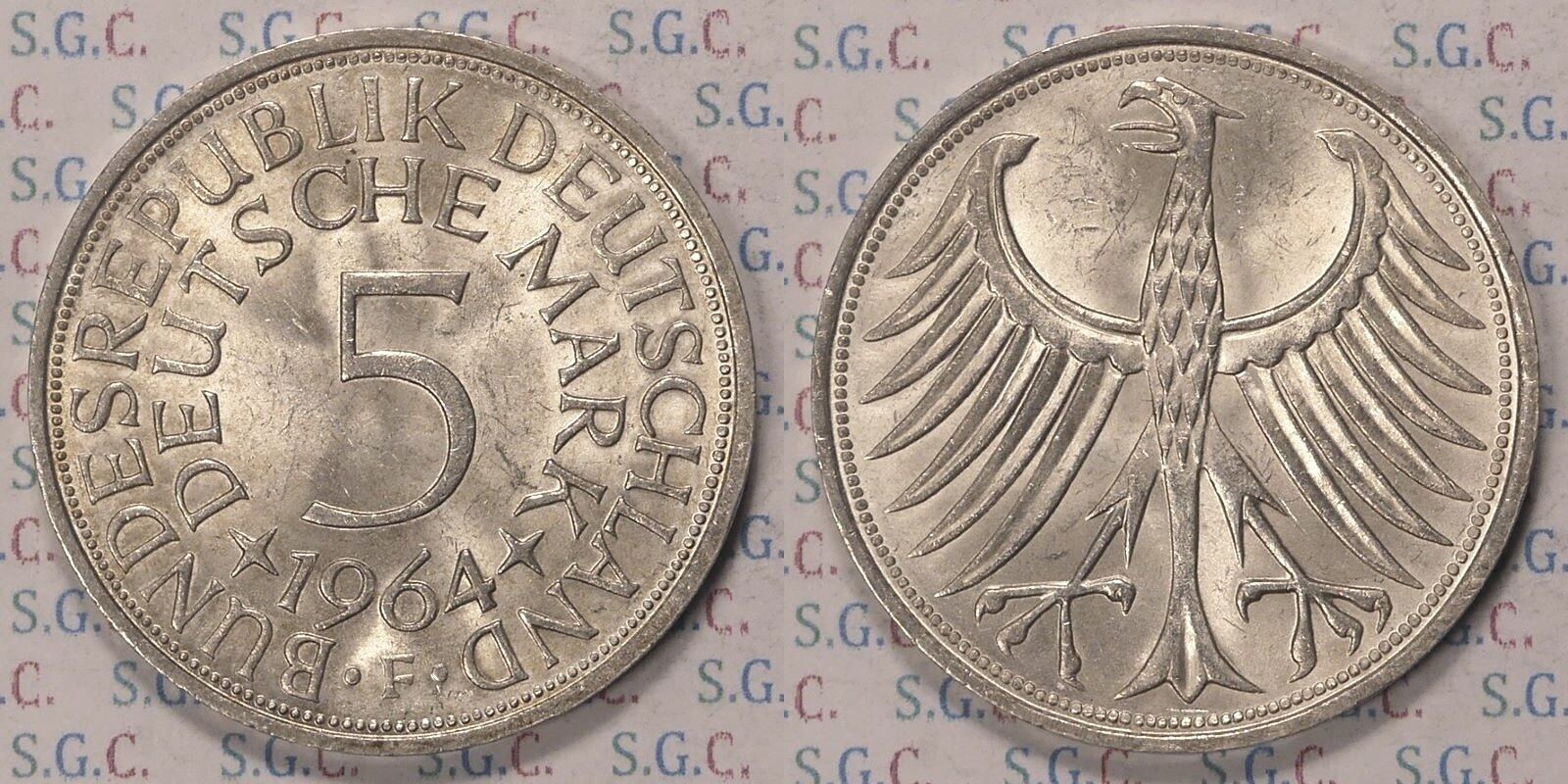 Bundesrepublik Deutschland 5 DM Silberadler 1964-F MS64/65, minute bag ...
