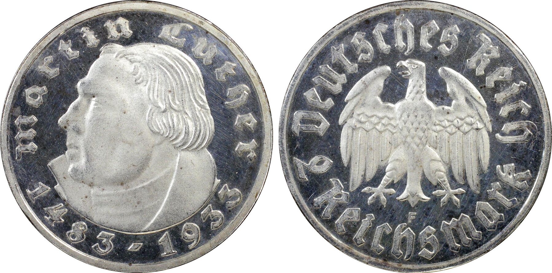 Drittes Reich 2 RM 1933-F 450th Anniv. - Birth of Martin Luther PCGS ...