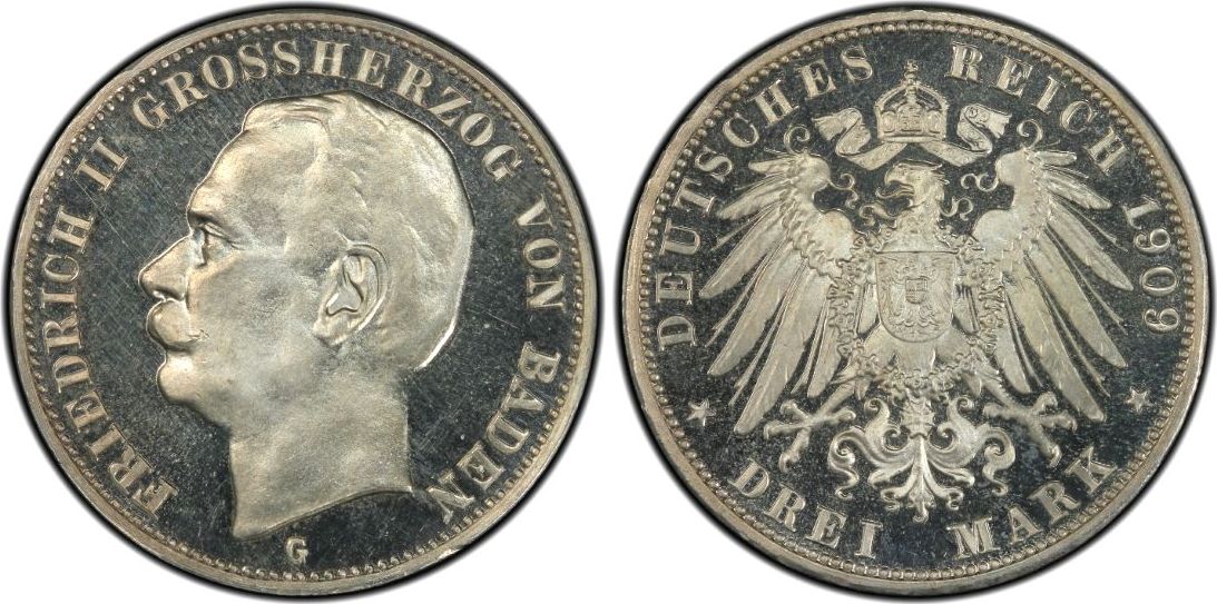 Kaiserreich Baden 3 RM 1909-G Grand-Duke Fredrick II PP, fast perfekt ...
