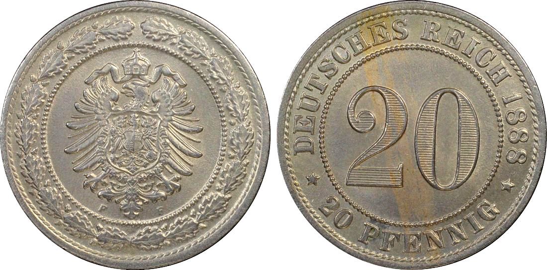 Deutsches Reich 20 Pfg 1888-F German Empire fast Stgl., PCGS MS65 | MA ...
