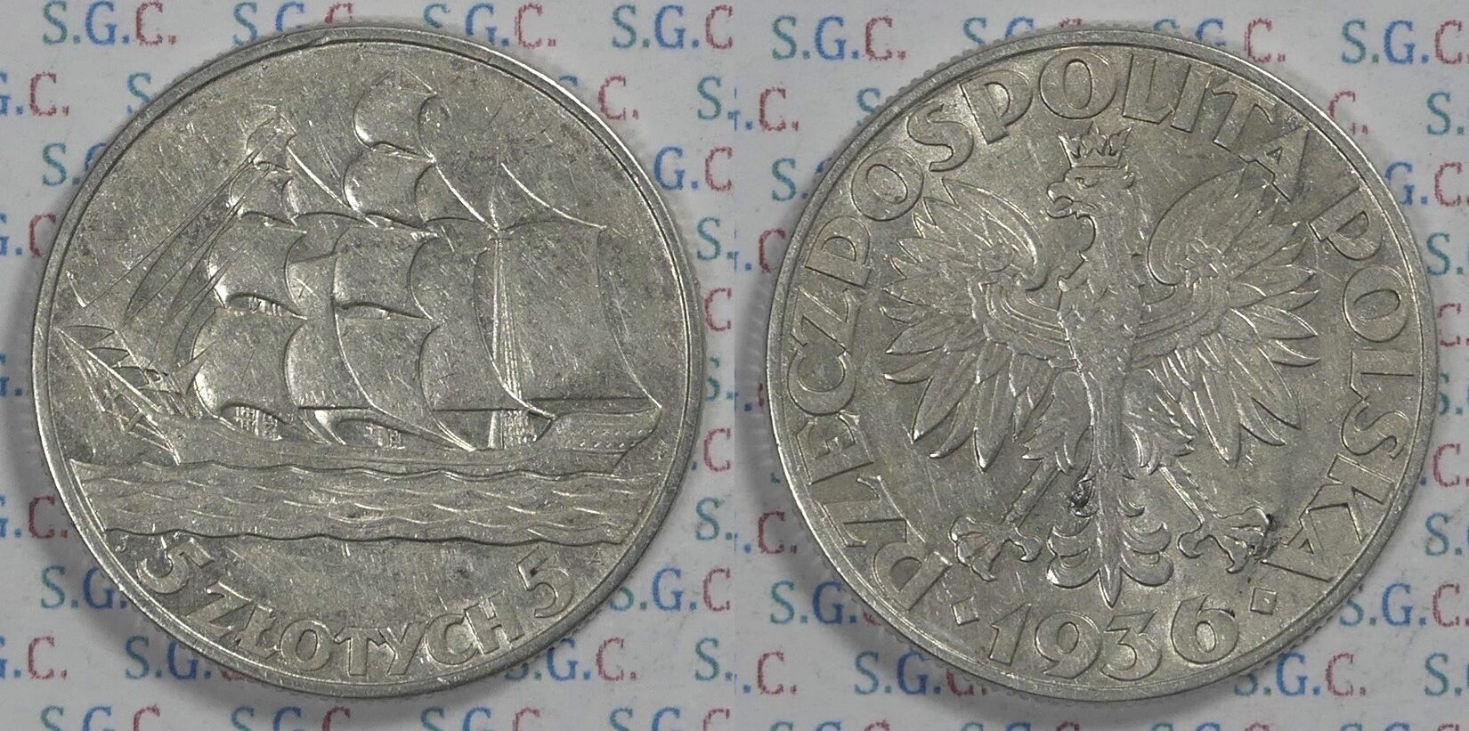 Polen 5 Zlotych 1936 15 years of the port of Gdynia AU52/55, free of faults! | MA-Shops