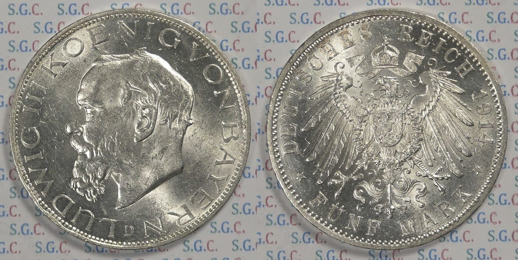 Kaiserreich Bayern 5 Mark 1914-D King Ludwig III Bright BU, usual ...