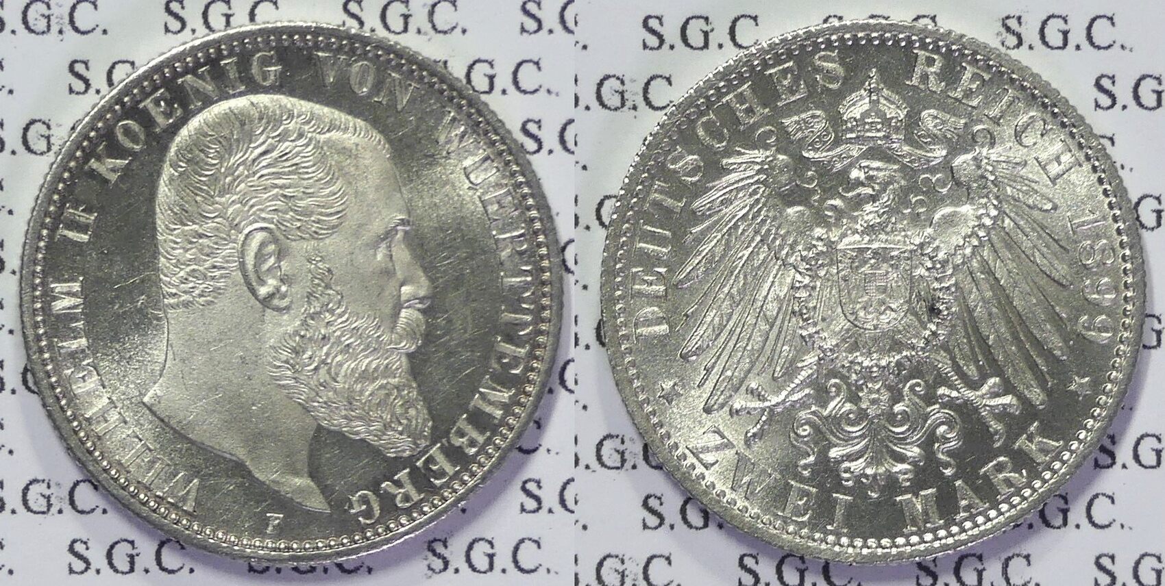 Kaiserreich Württemberg 2 Mark 1899-F King William II Choice BU, almost ...