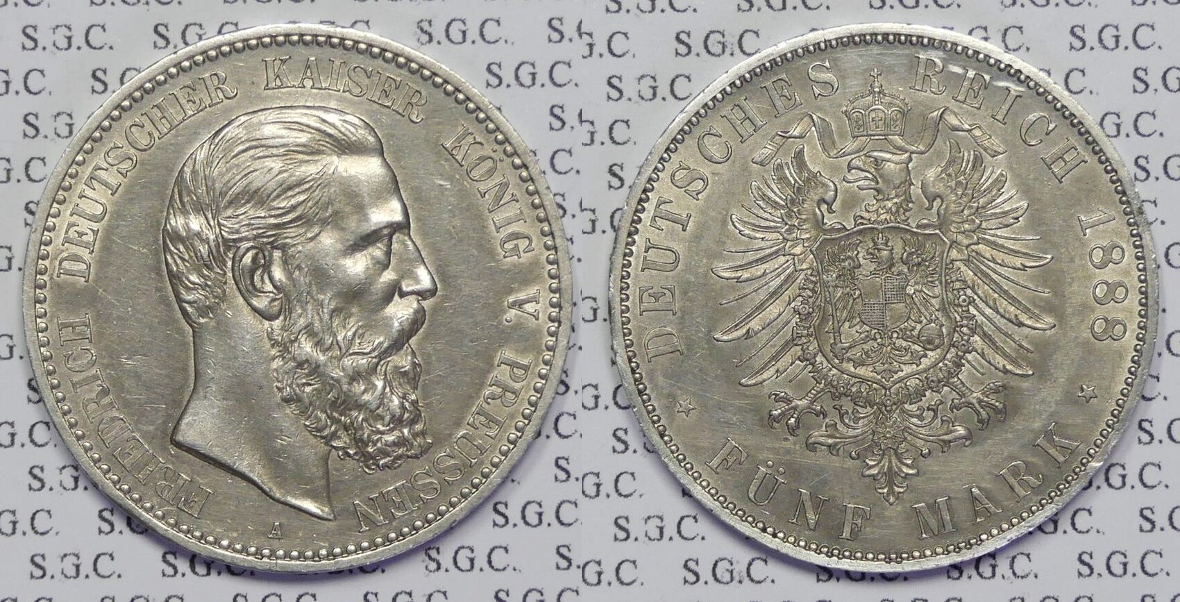 Kaiserreich Preussen 5 Mark 1888-A Emperor Friedrich III AU55/58, very ...