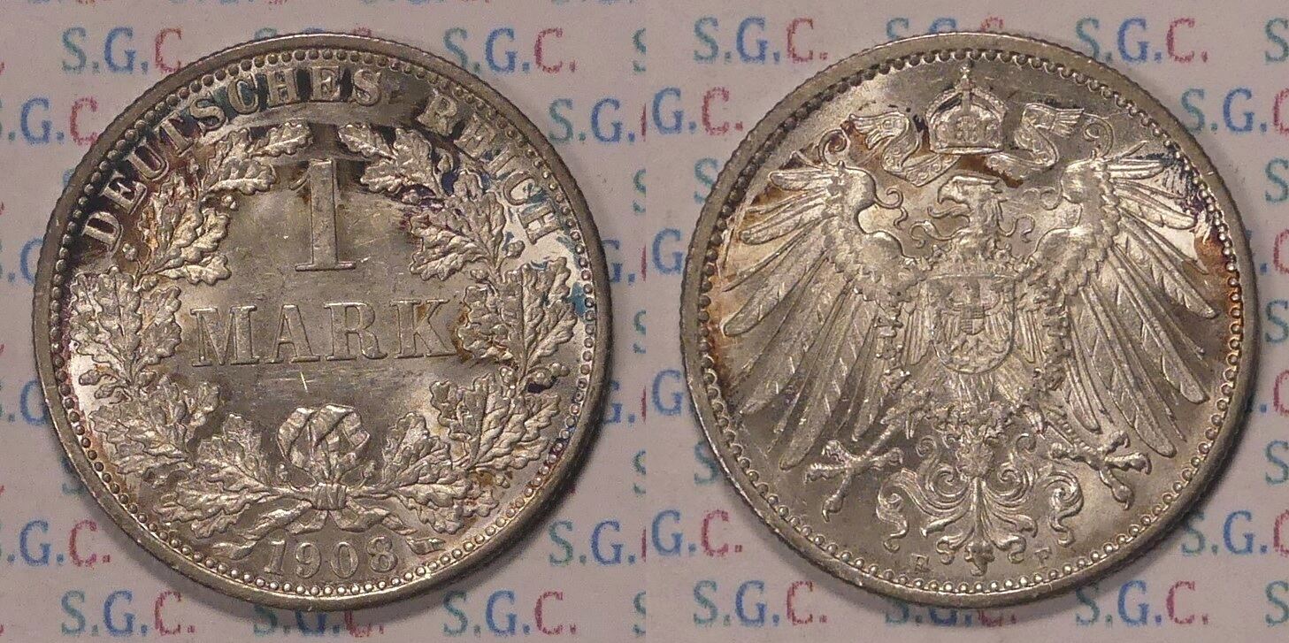 Kaiserreich 1 Mark 1908-F GEM BU, MS64/65 | MA-Shops