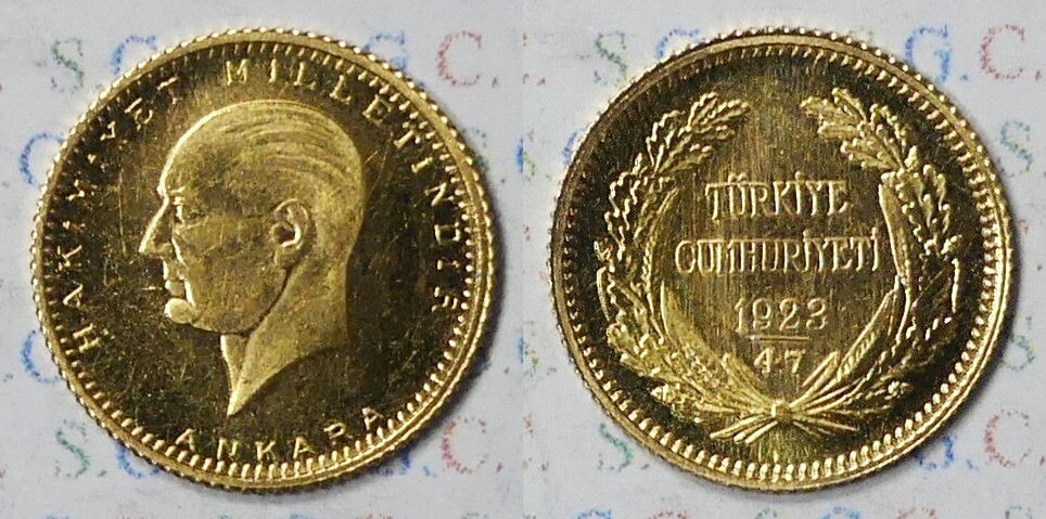 Türkei ¼ Lira = 25 Kurush 1923+47=1970 20 years of the Republic ...