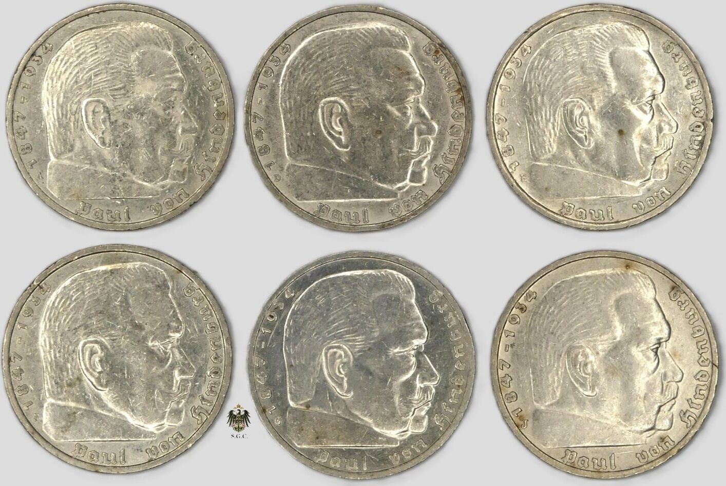 Drittes Reich 5 RM 1938-A bis J Hindenburg with Swast. EF to good EF ...