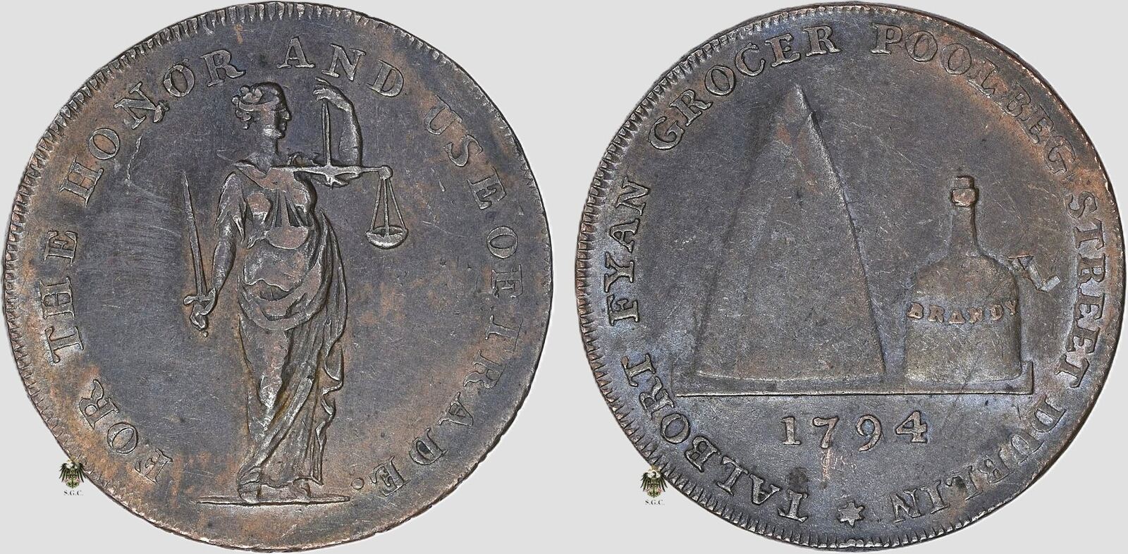 Irland ½d Token 1794 George III. - RYAN GROCER POOLBEG STREET DUBLIN VF ...