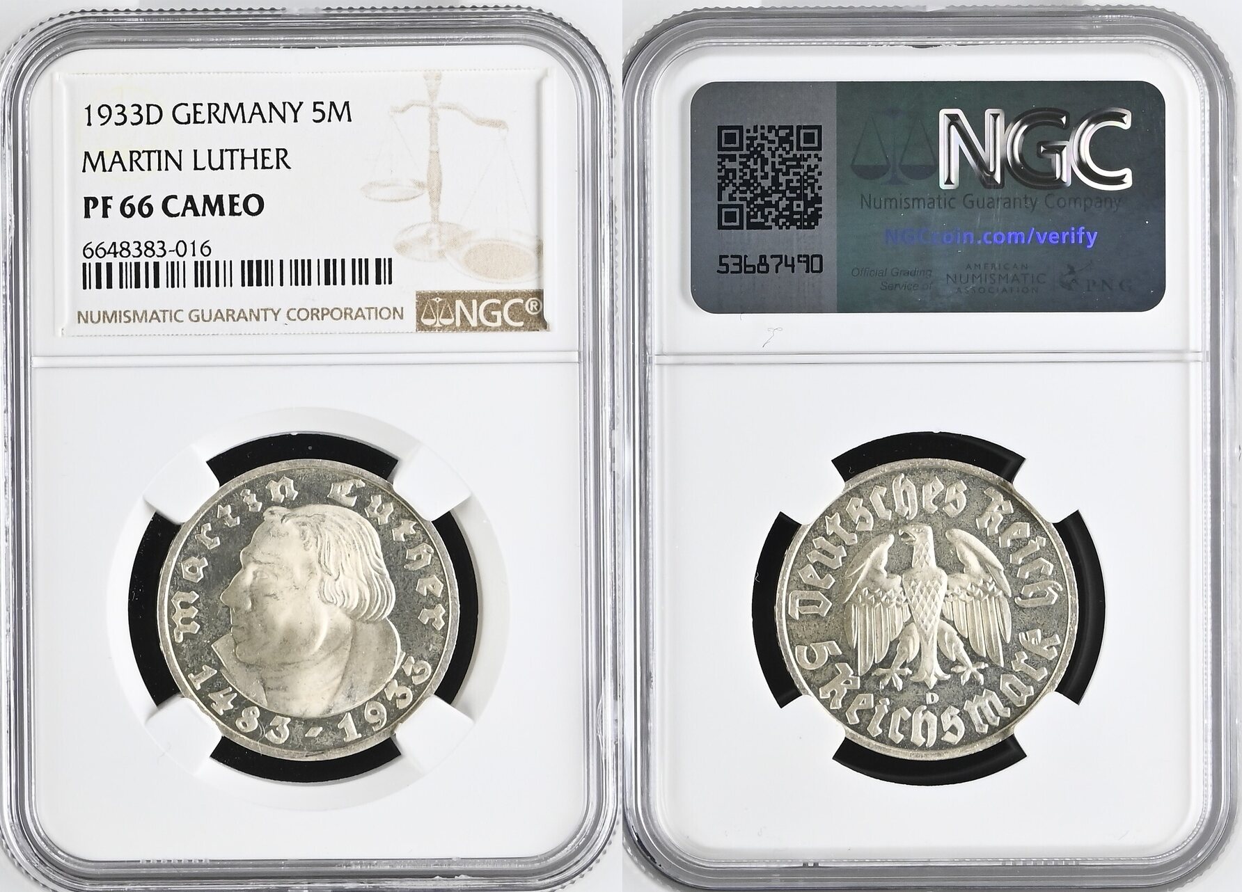 III. Reich 5 Mark 1933-D 450th Birthday of Martin Luther Proof, NGC PF ...