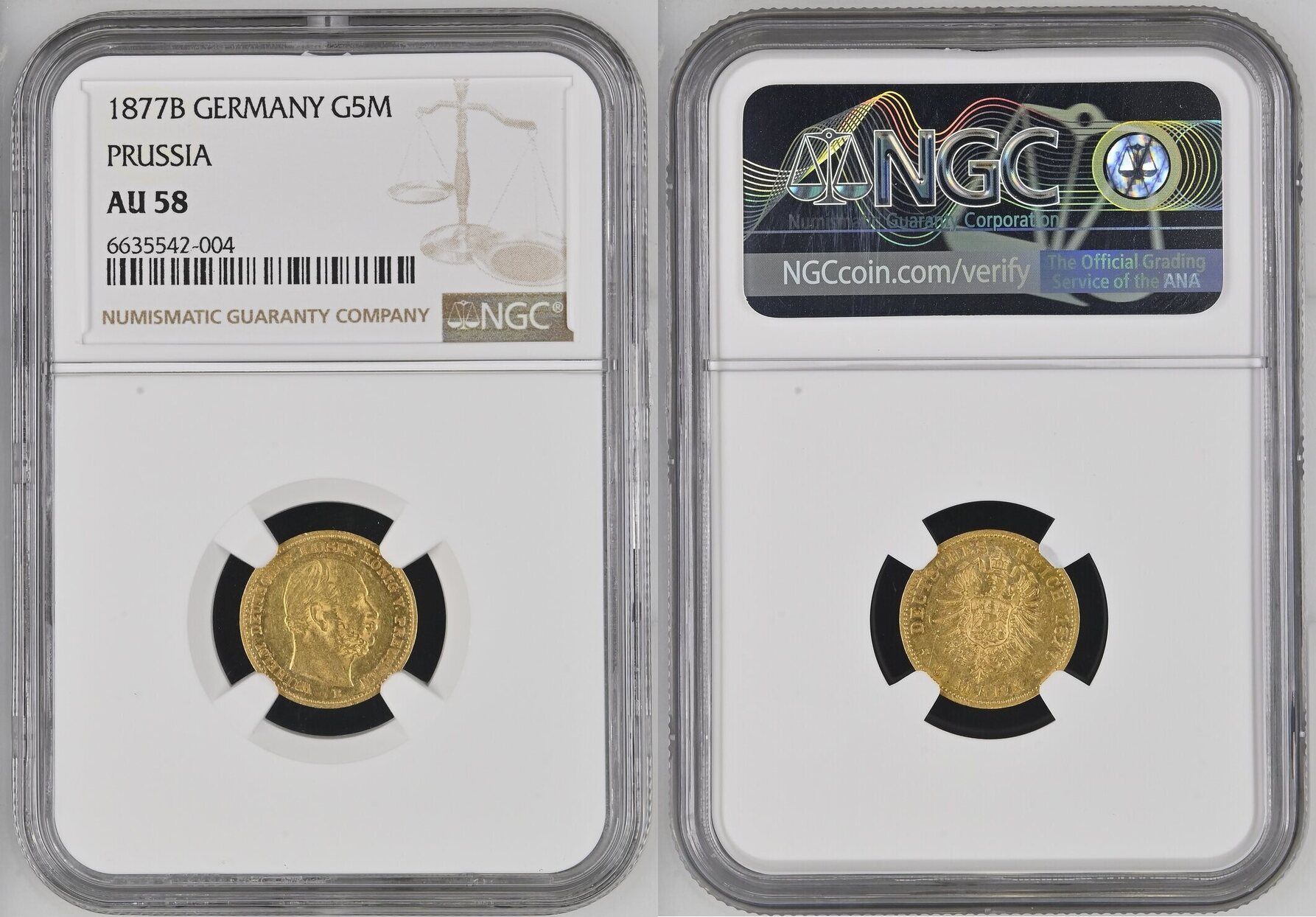 Kaiserreich Preussen 5 Mark 1877-B Emperor Wilhelm I Free of faults ...