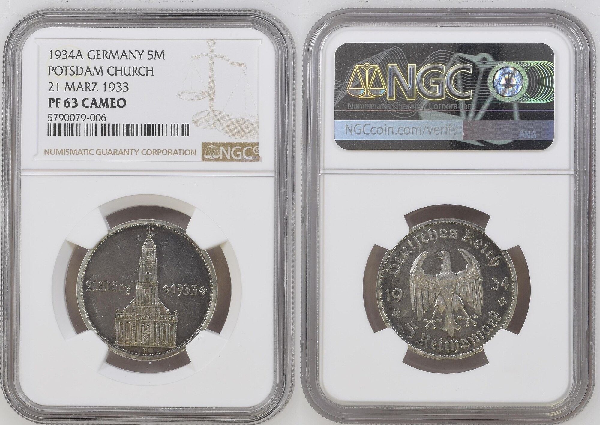 Drittes Reich 5 RM 1934-A Potsdam Garrison Church with date A sharp ...