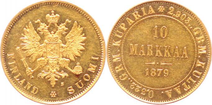 Finnland 10 Markkaa Gold 1879 Alexander II. von Rußland 1855-1881. UNC | MA-Shops