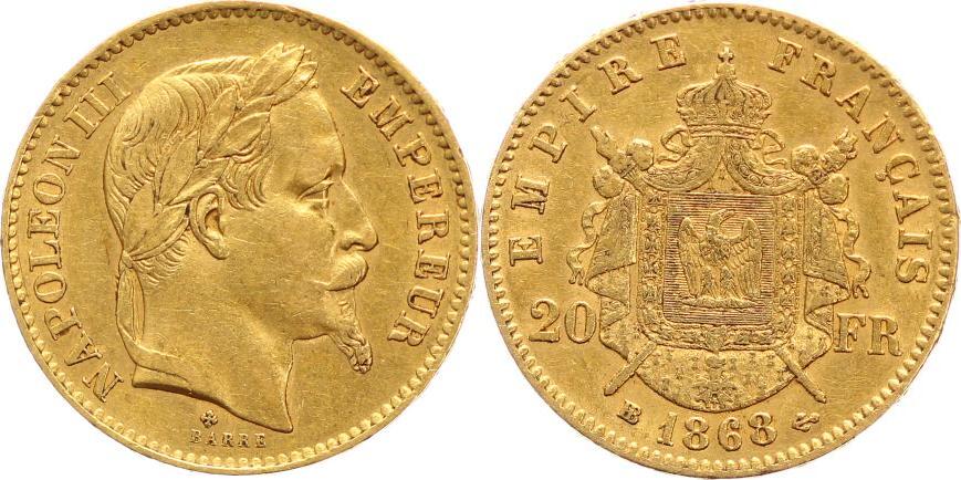 Frankreich 20 Francs Gold 1868 BB Napoleon III. 1852-1870. VF+ | MA-Shops