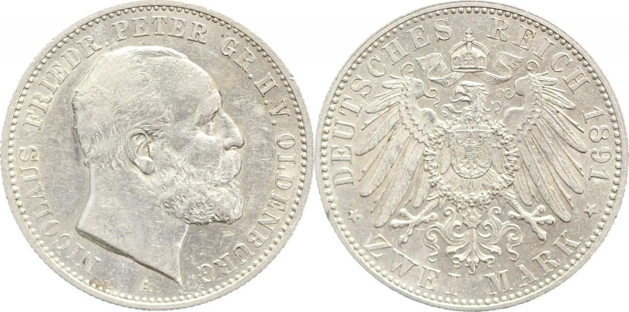 Oldenburg 2 Mark 1891 A Nicolaus Friedrich Peter 1853-1900. UNC- | MA-Shops