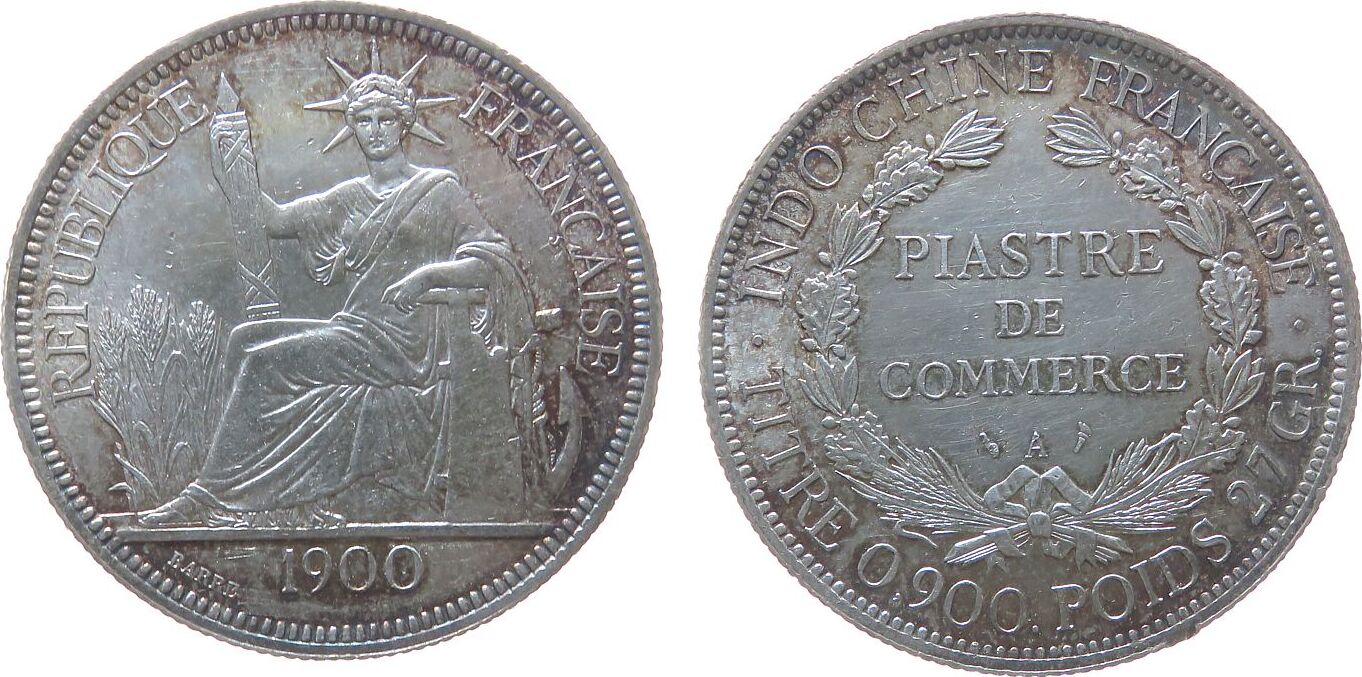 Französisch Indochina 1 Piaster 1900 Ag Gad.35, etwas berieben, Patina ...