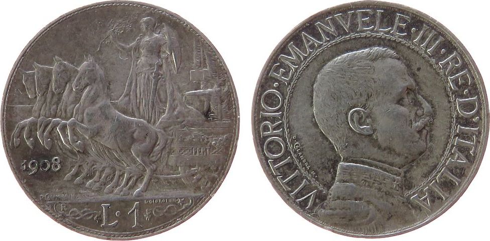 Italien 1 Lire 1908 Ag Victor Emanuel III ss | MA-Shops