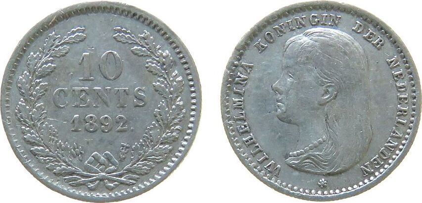 Niederlande 10 Cents 1892 Ag Wilhelmina I, Schulman 876 VF+ | MA-Shops