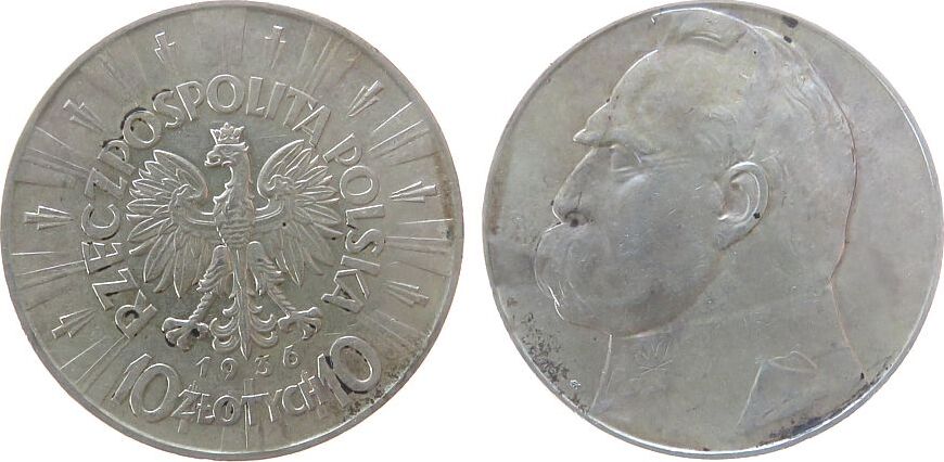 Polen 10 Zlotych 1936 Ag Pilsudski, etwas fleckig VF | MA-Shops