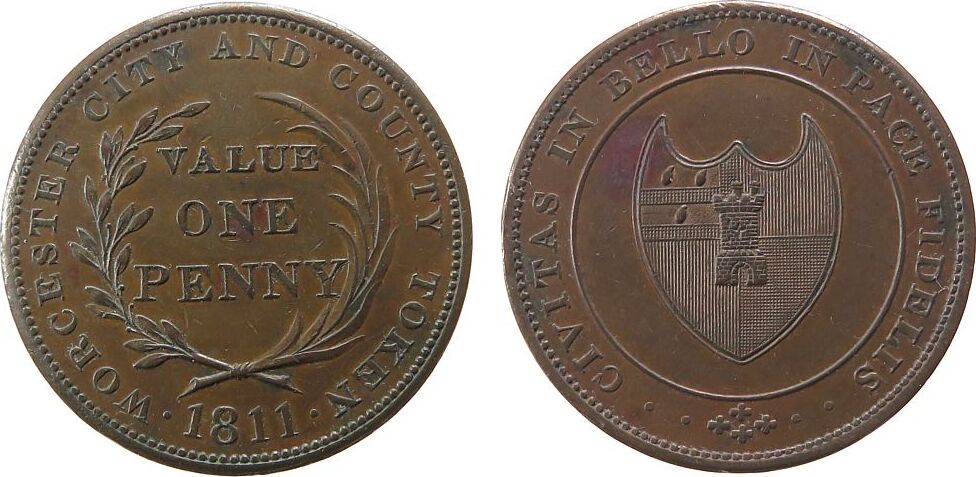 GB Großbritannien ab 1708 1 Penny Token 1811 Kupfer Worcester Workhouse ...