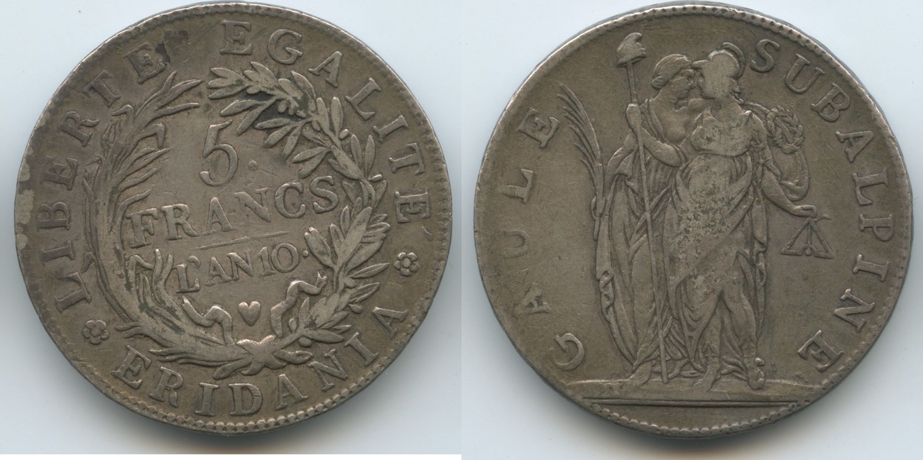 Italien Piemont Republic Subalpine 5 Francs Silber L´an10 (1801) GS1305 ...