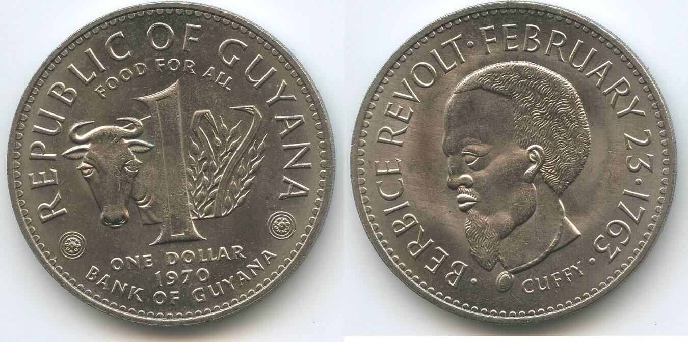 Guyana One Dollar 1970 G2818 - Cuffy Berbice Revolt February 1763 UNC ...