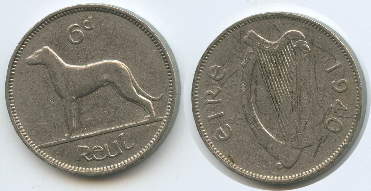 Irland 6 Pence (6 Pingin / 1 Reul) 1940 G6440 - Hund Ireland Éire VF+ ...